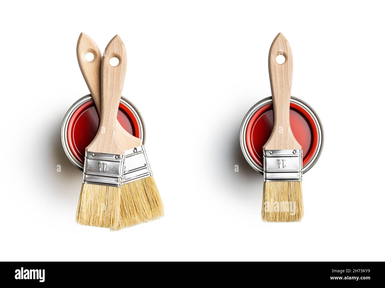 Clean paint brushes and can of color isolated on white background Stock ...