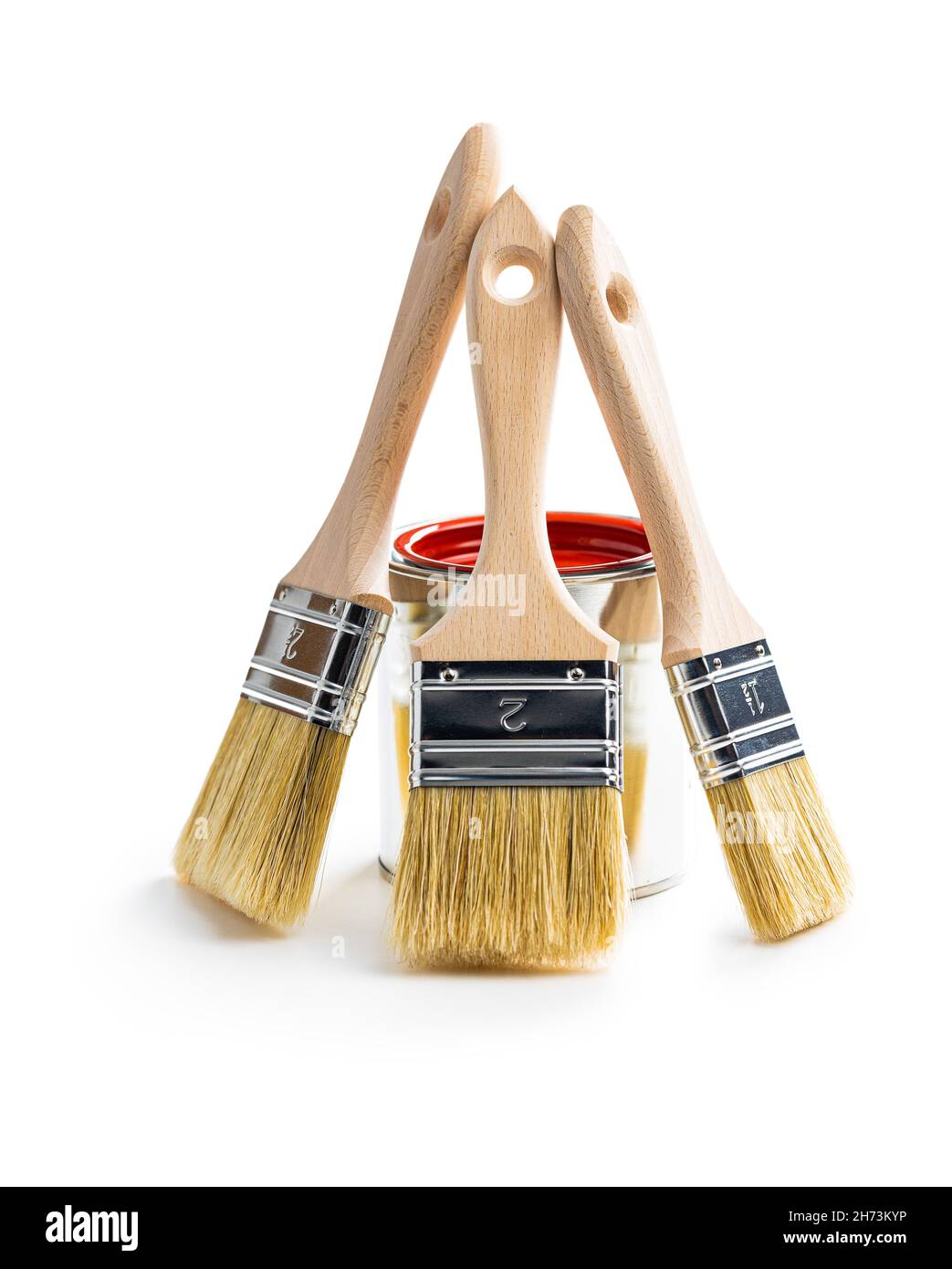 Clean paint brushes and can of color isolated on white background Stock ...