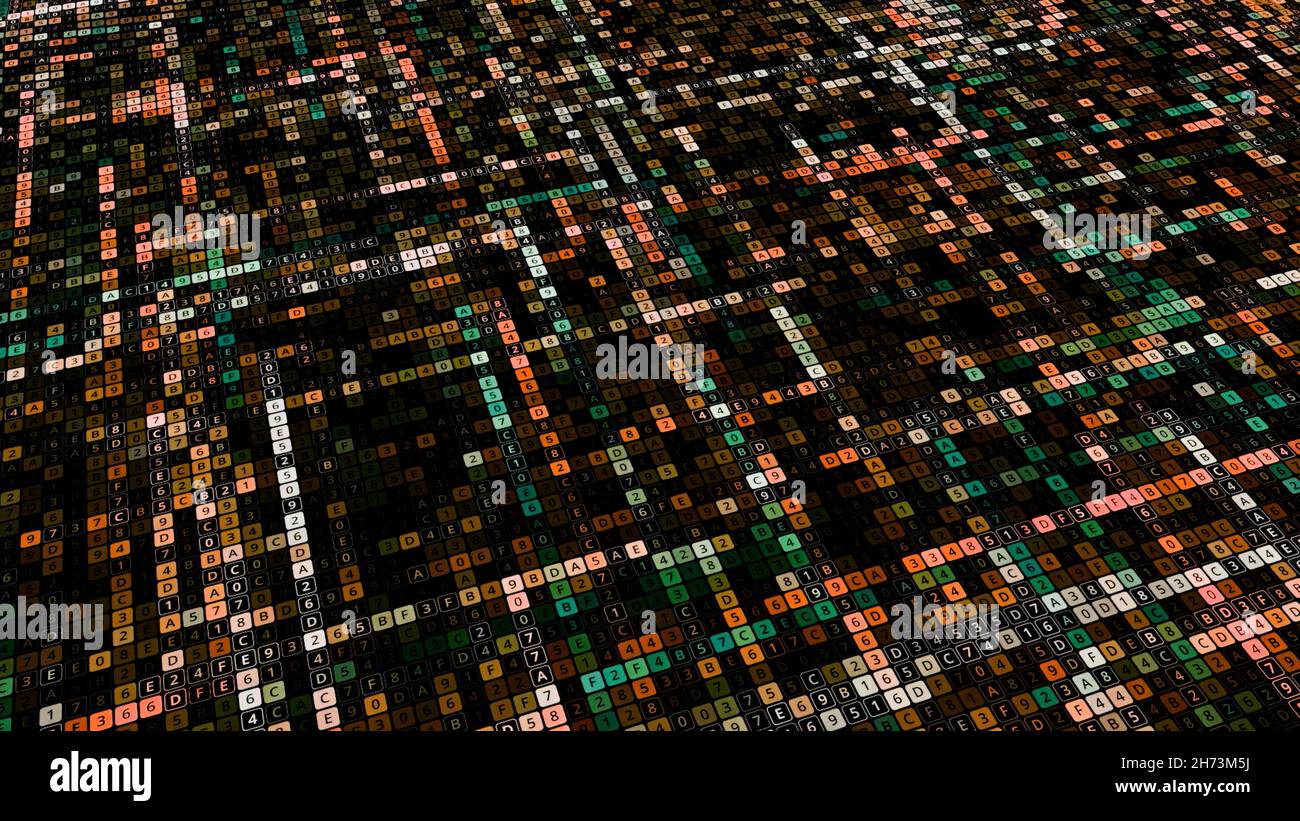 Background with cells and changing numbers. Animation. Computer field with generated numbers and ...