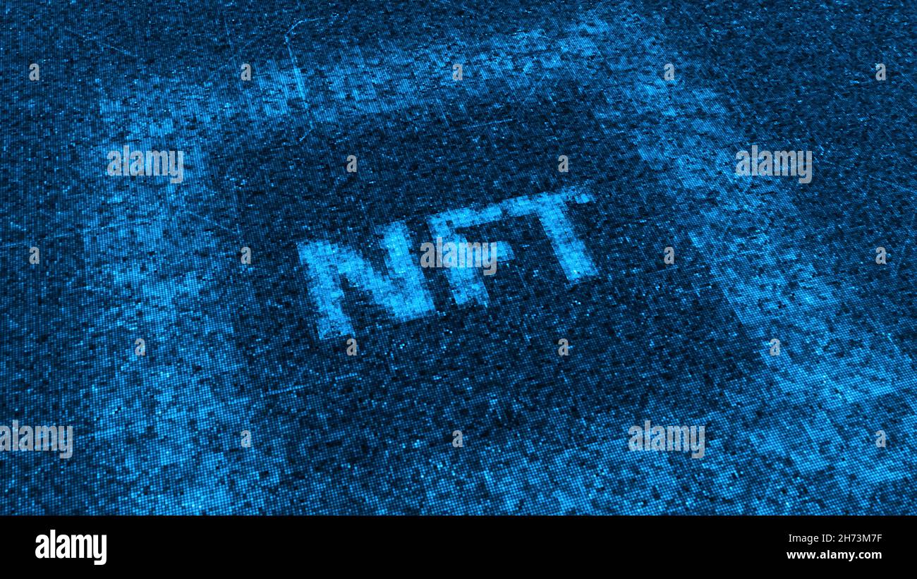 NFT label. Animation. NFT label is formed from electronic particles ...