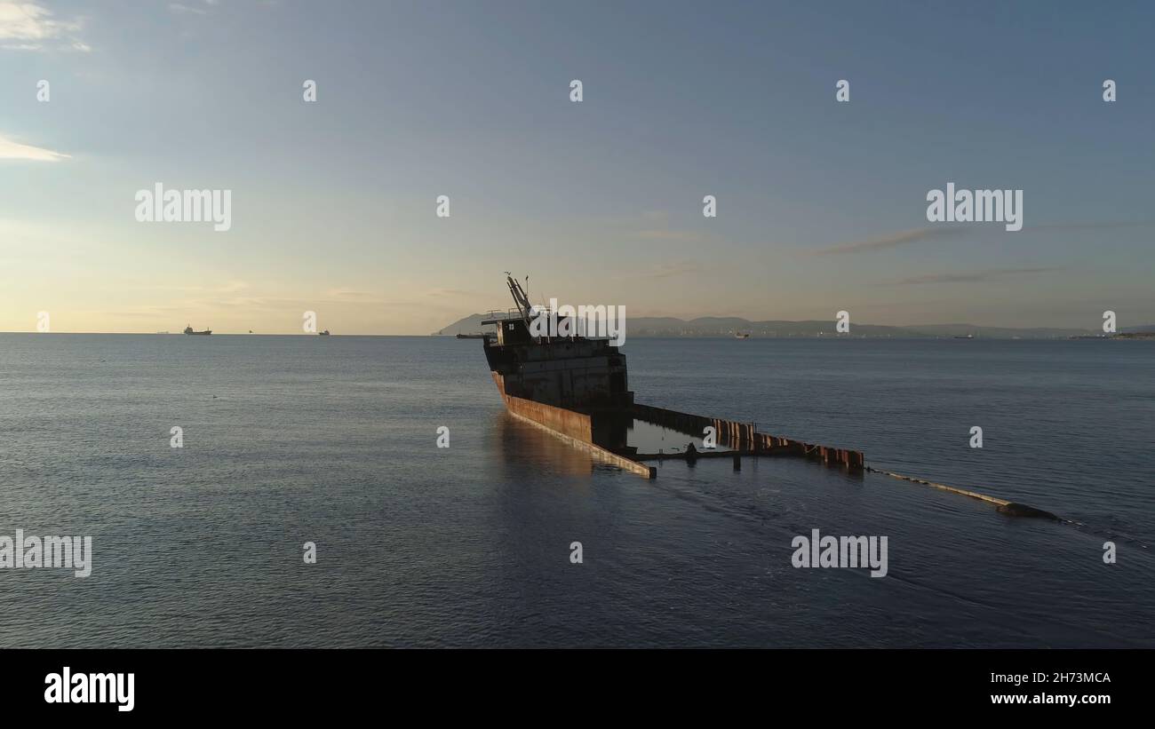 Aerial view of the ship washed ashore. Shot. Top view of an abandoned ...