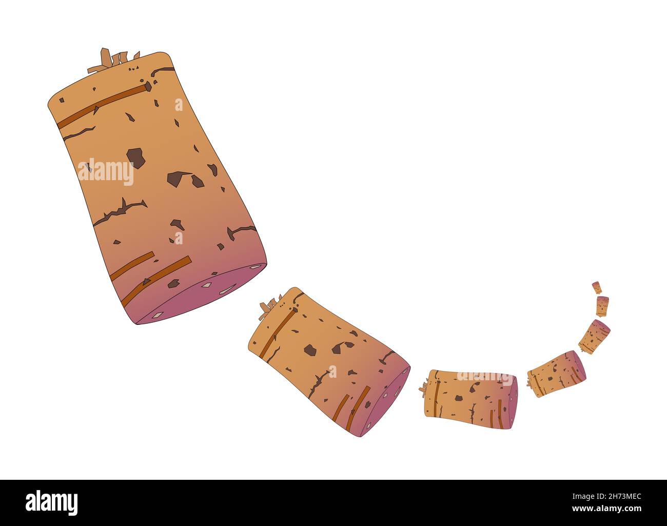 A line of wine bottle corks stained with red wine alll isolated on ...