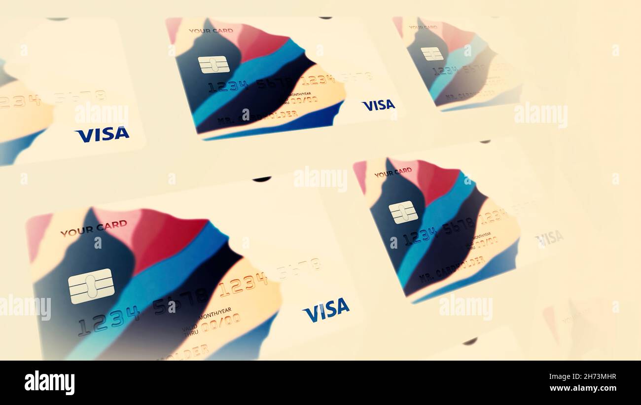 Abstract stack of Visa credit and debit cards on colorful background ...