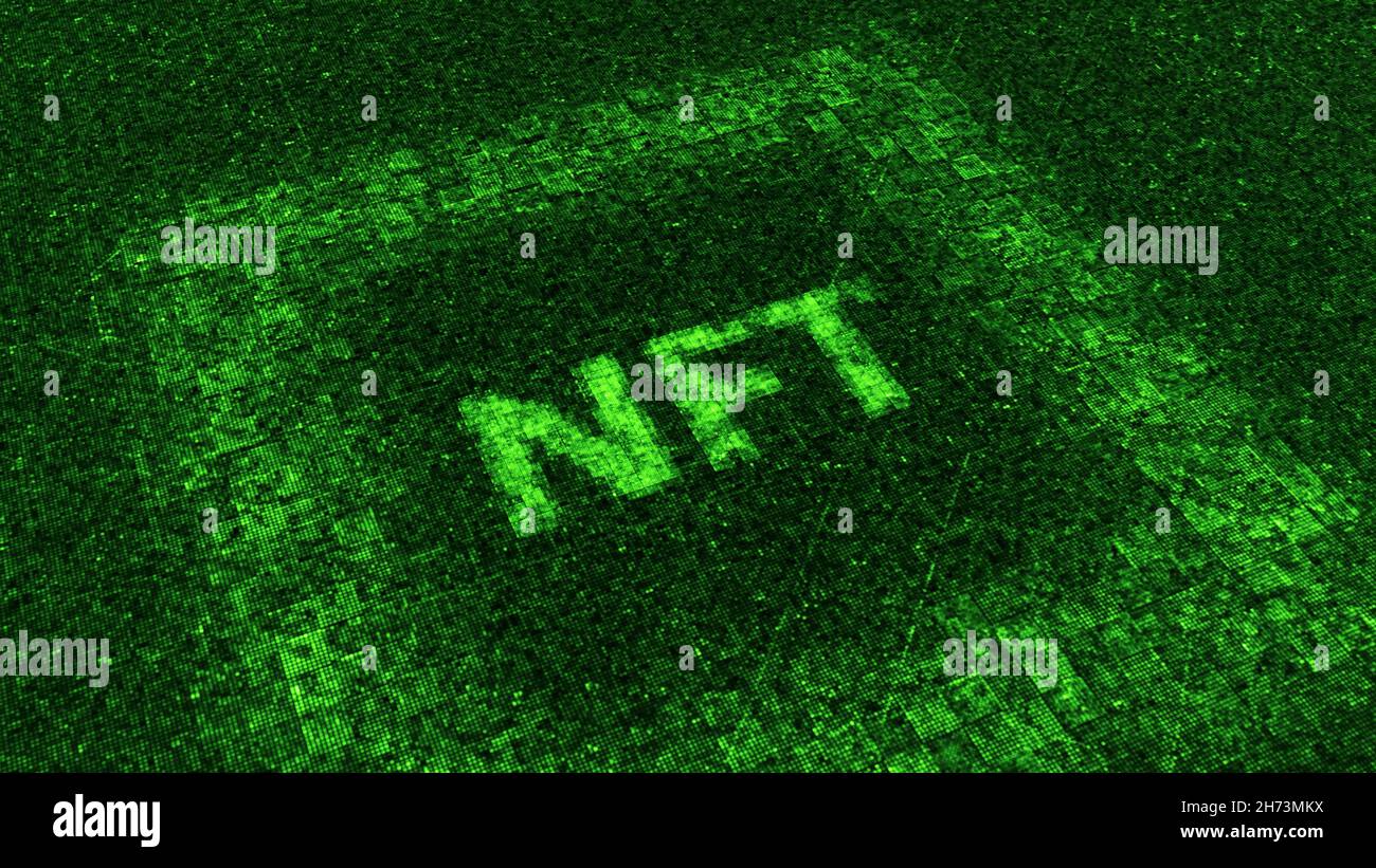 NFT label. Animation. NFT label is formed from electronic particles ...