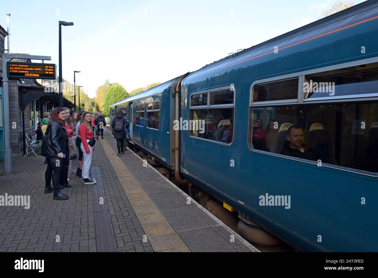 A Class 150 Sprinter DMU train arrives at Betws-y-coed station on the ...