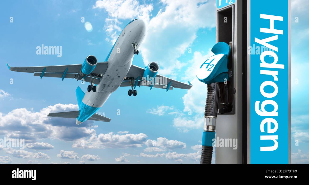 Fuel nozzle with the inscription Hydrogen on a background of airplane ...