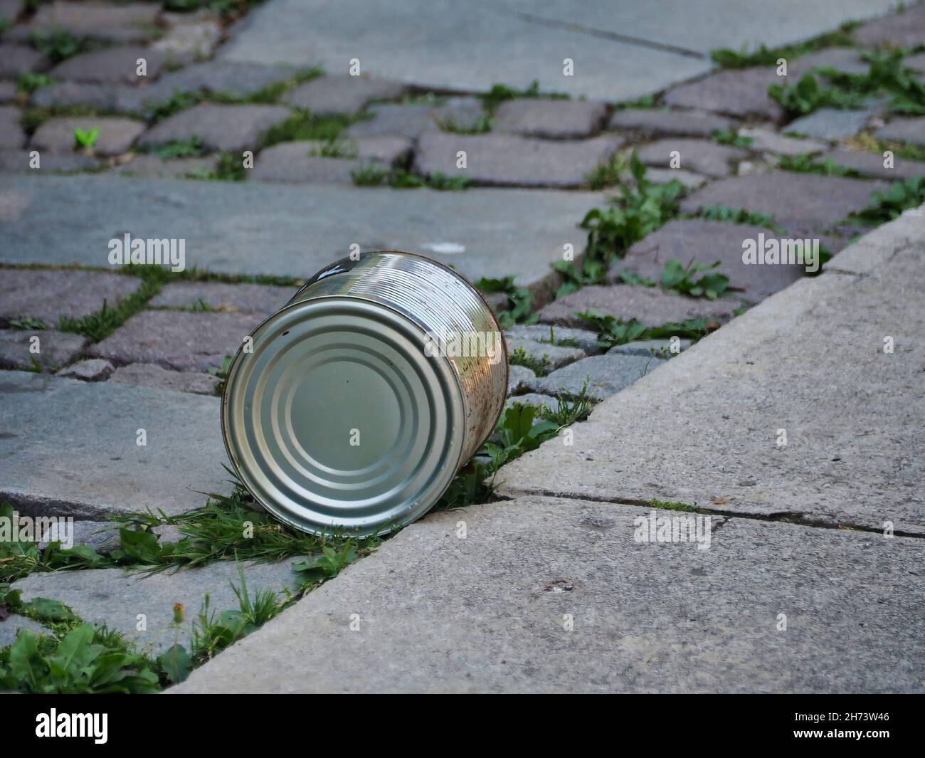 Empty tin can on the ground Stock Photo - Alamy