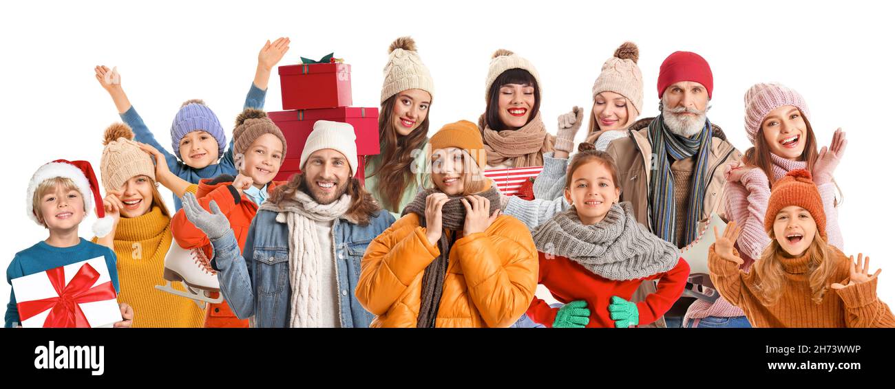 Group of different people in winter clothes on white background Stock ...