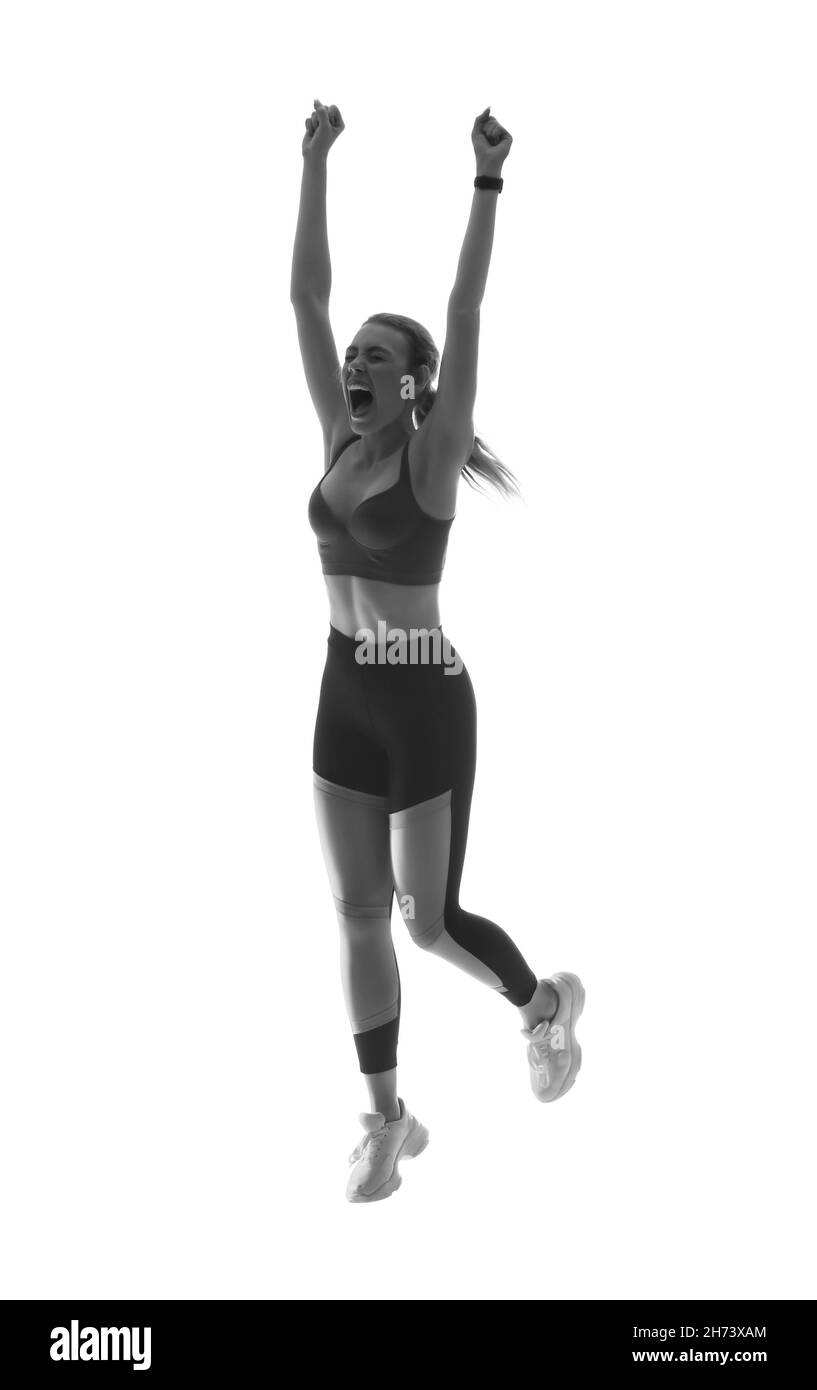 Silhouette of happy sporty running woman on white background Stock ...