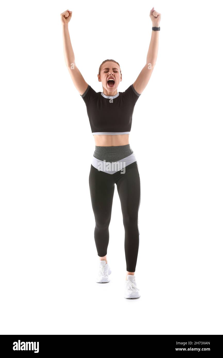 Happy female runner on white background Stock Photo - Alamy