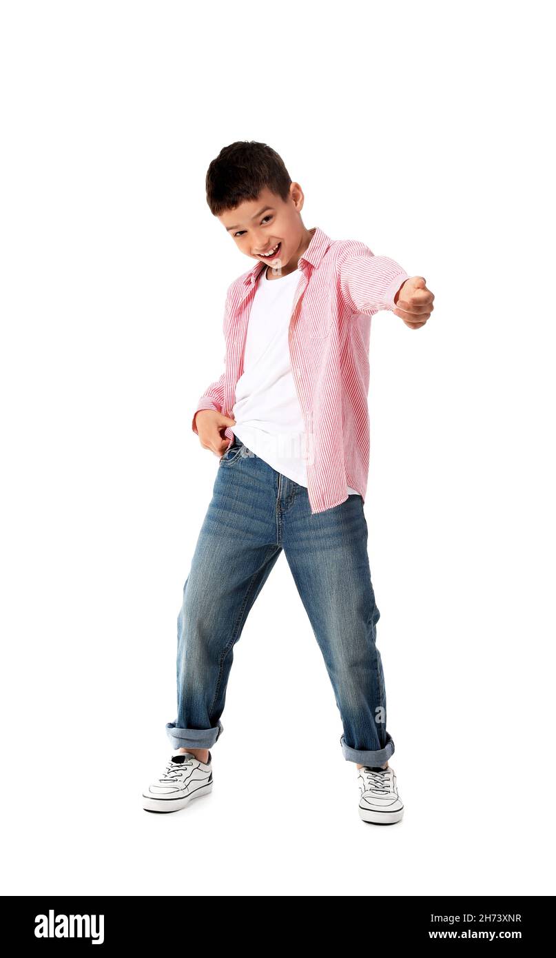 Dancing little boy on white background Stock Photo - Alamy
