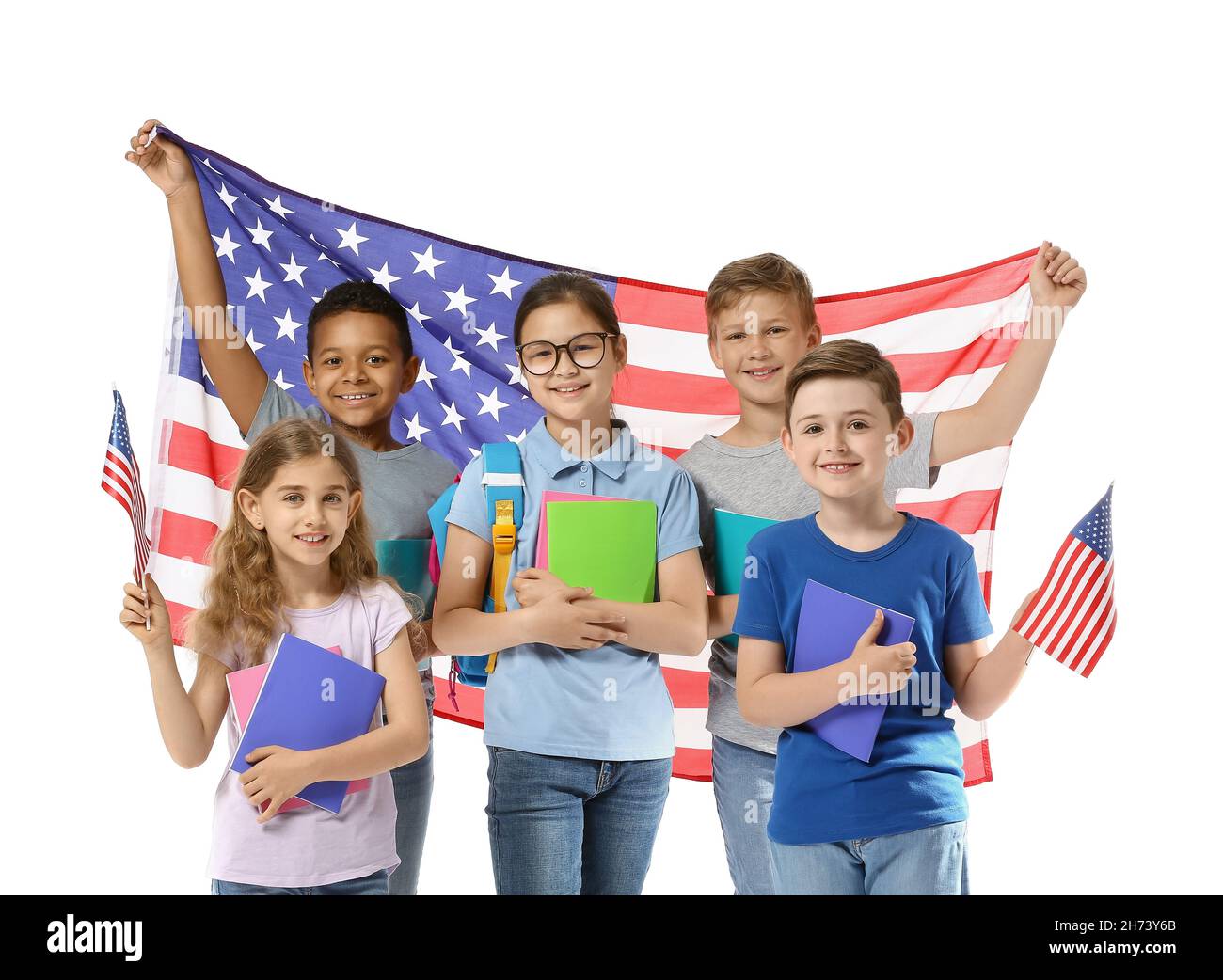 Pupils of language school with USA flags on white background Stock ...