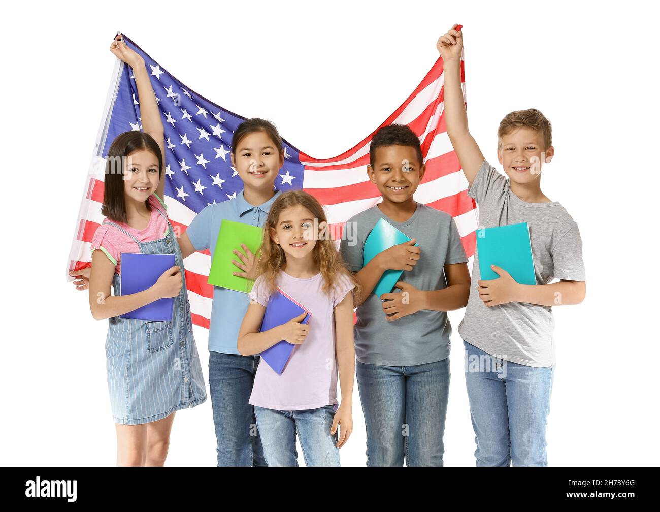 Pupils of language school with USA flag on white background Stock Photo ...