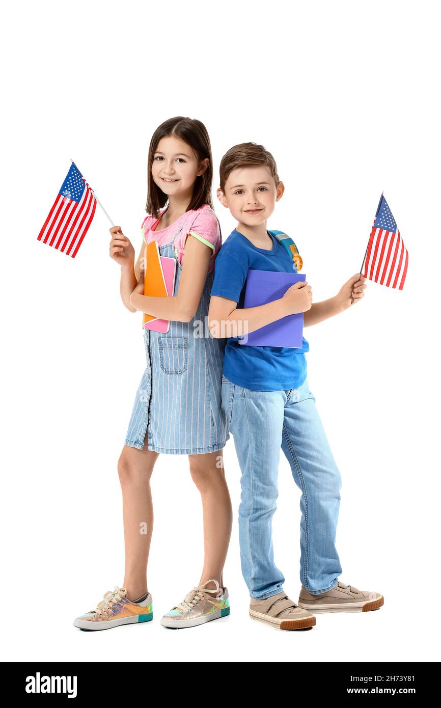 Pupils of language school with USA flags on white background Stock ...