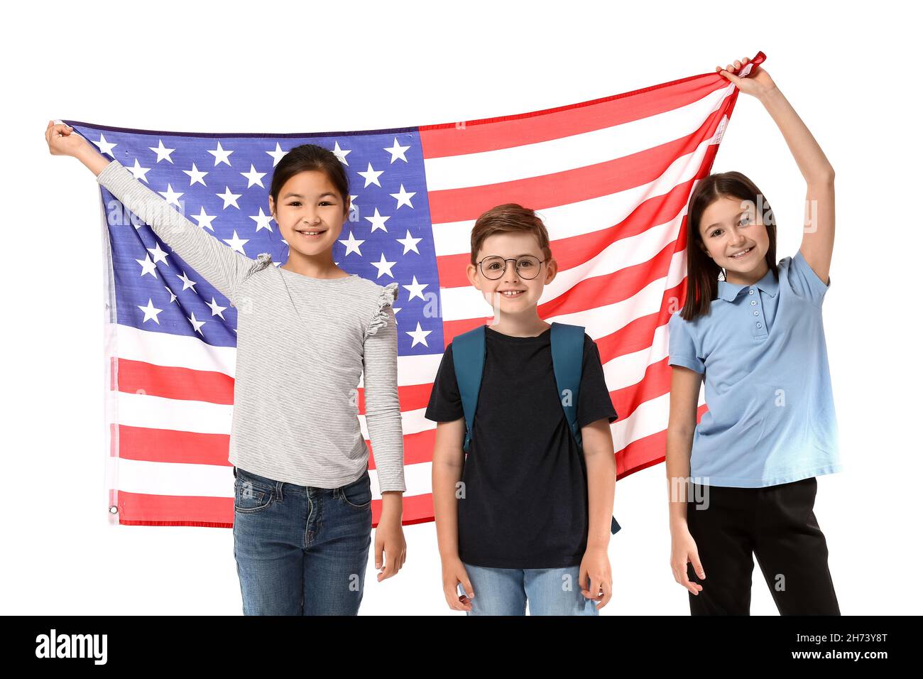 Pupils of language school with USA flag on white background Stock Photo ...