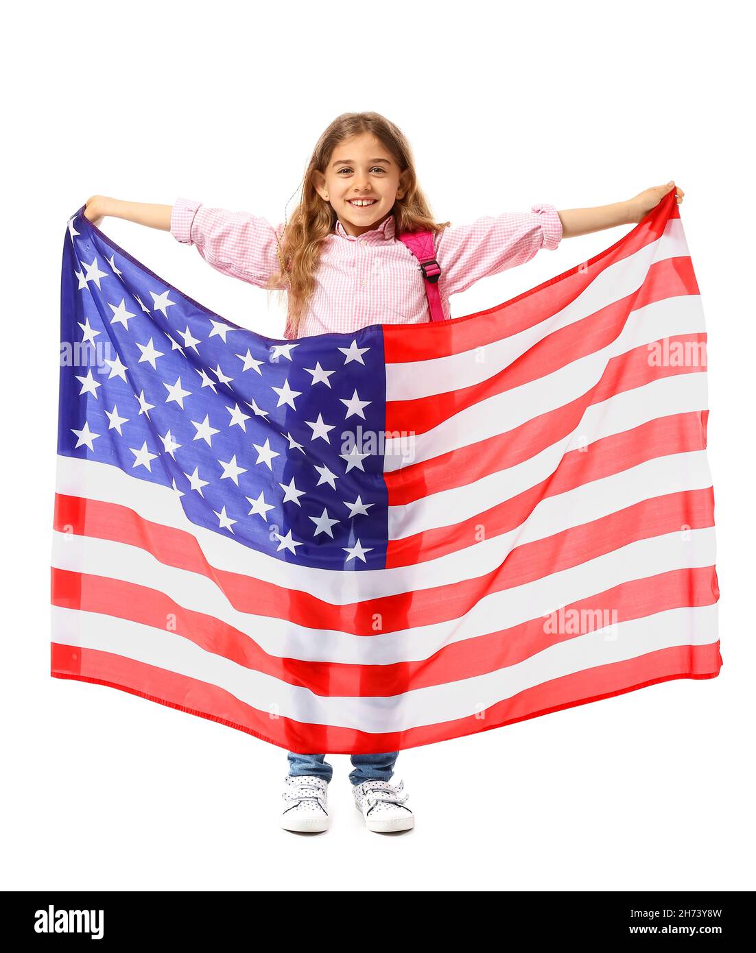 Pupil of language school with USA flag on white background Stock Photo ...