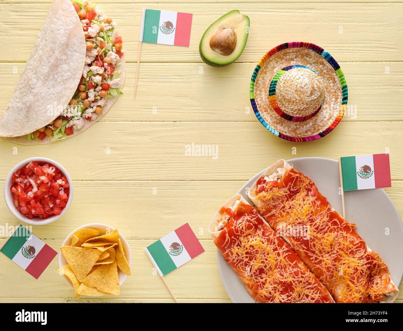 Mexican traditional food decorated with flag, top view Stock Photo - Alamy