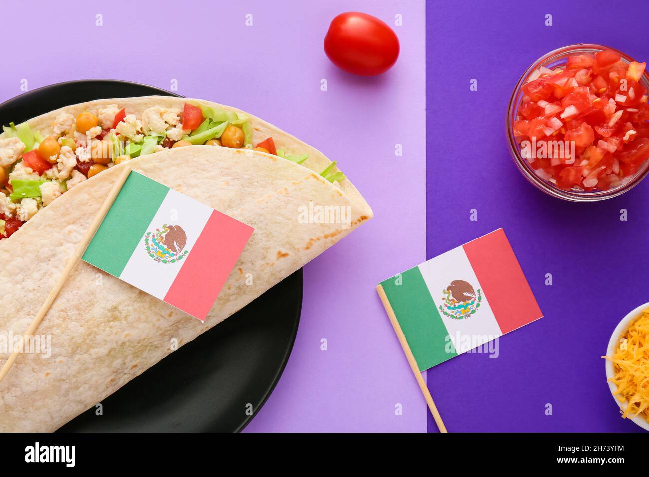 Mexican traditional food on purple background, top view Stock Photo - Alamy