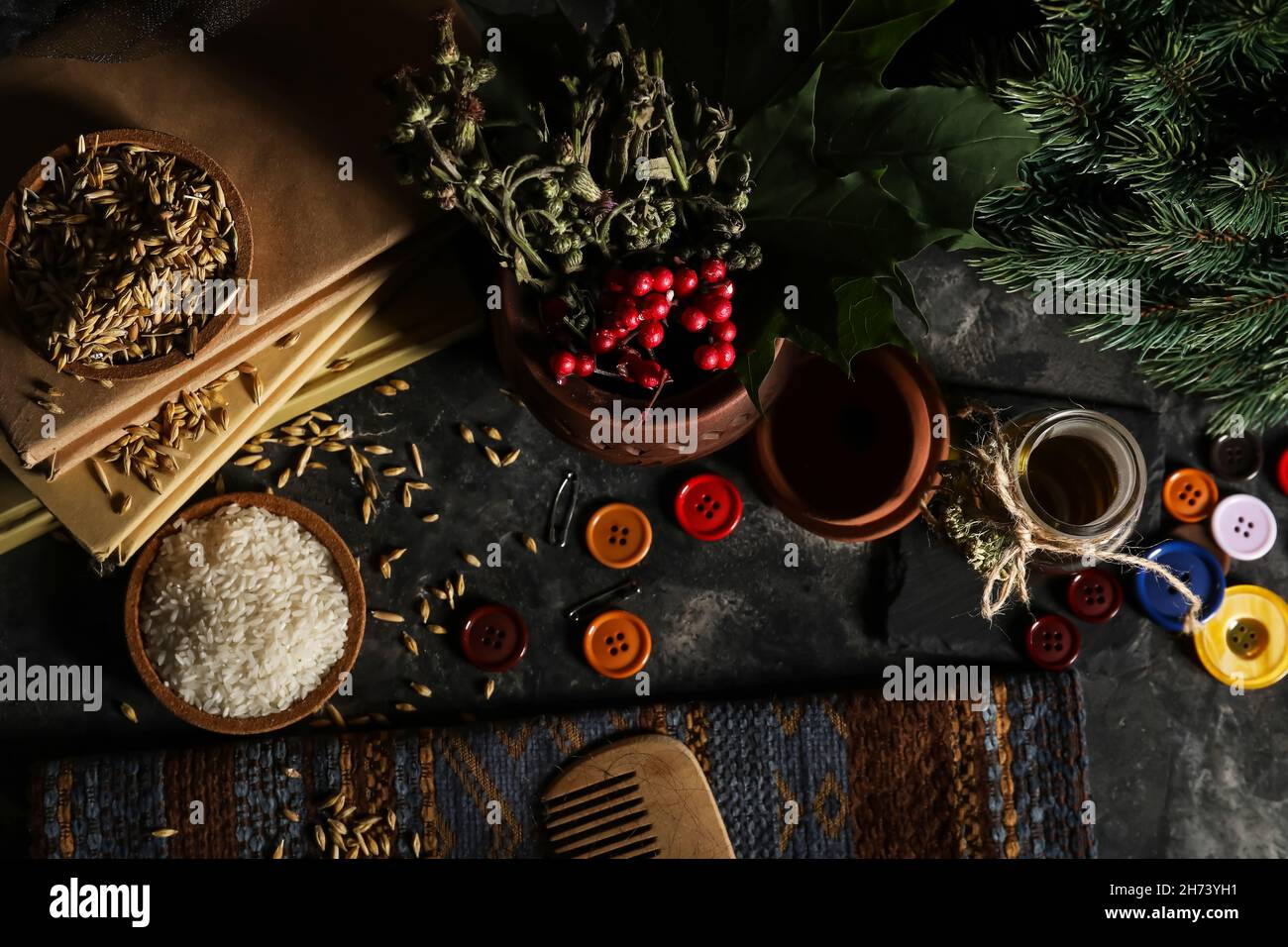 Witch table with magic attributes for ritual, occultism concept Stock ...