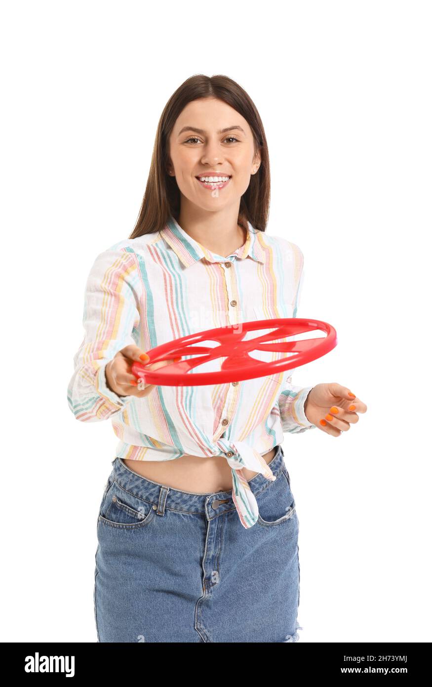 Beautiful young woman with frisbee disk on white background Stock Photo ...