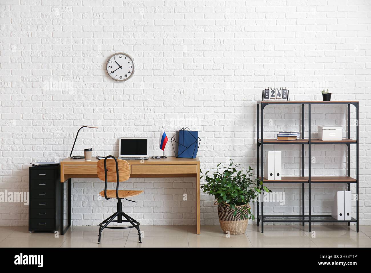 Interior of modern office with Russian flag Stock Photo - Alamy
