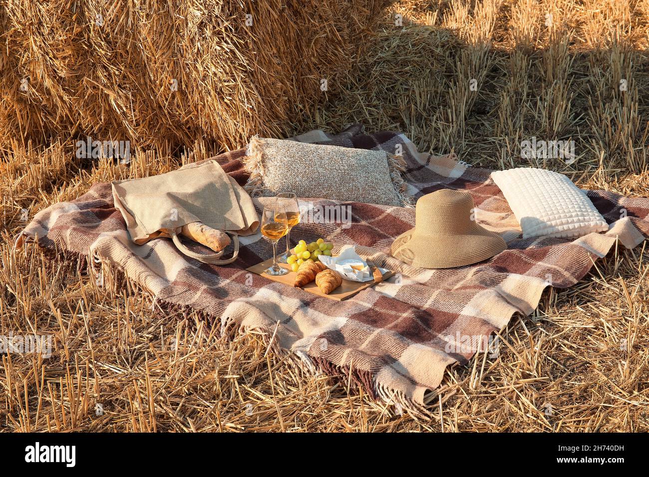 Festive picnic on wheat field near haystack Stock Photo - Alamy