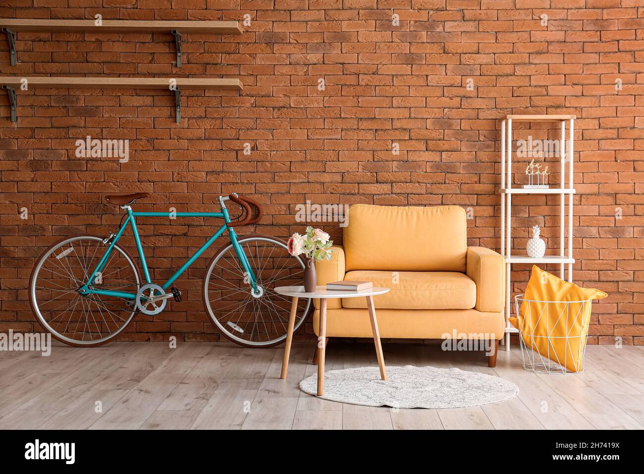 Stylish interior with bicycle in room Stock Photo - Alamy