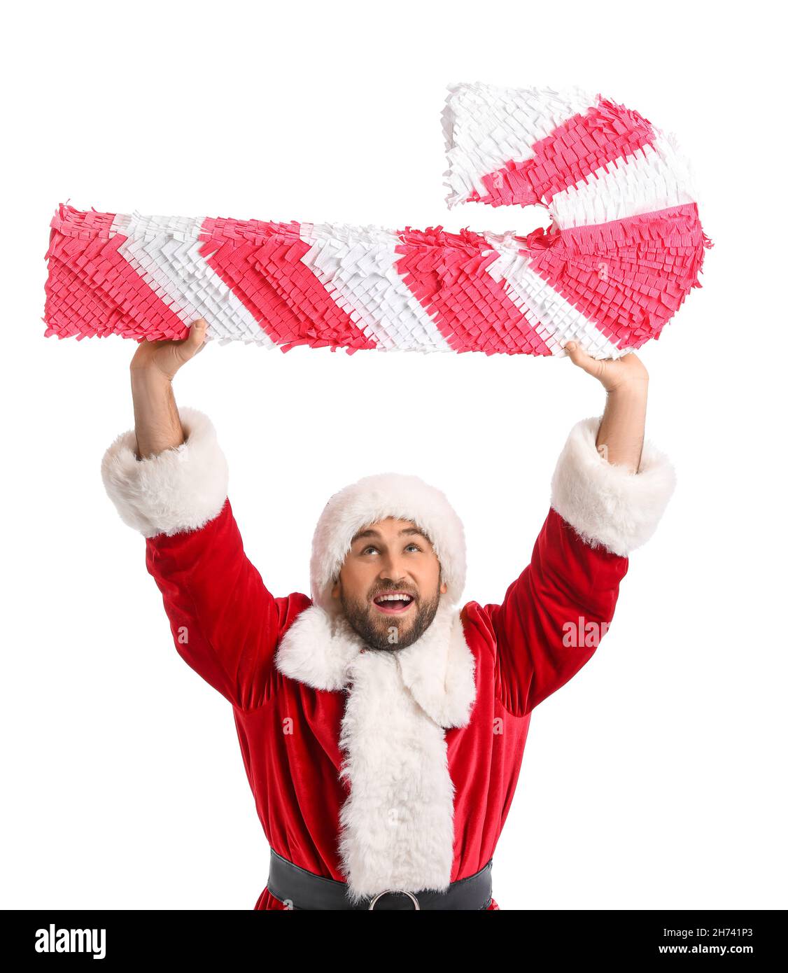 Santa Claus with candy cane pinata on white background Stock Photo - Alamy