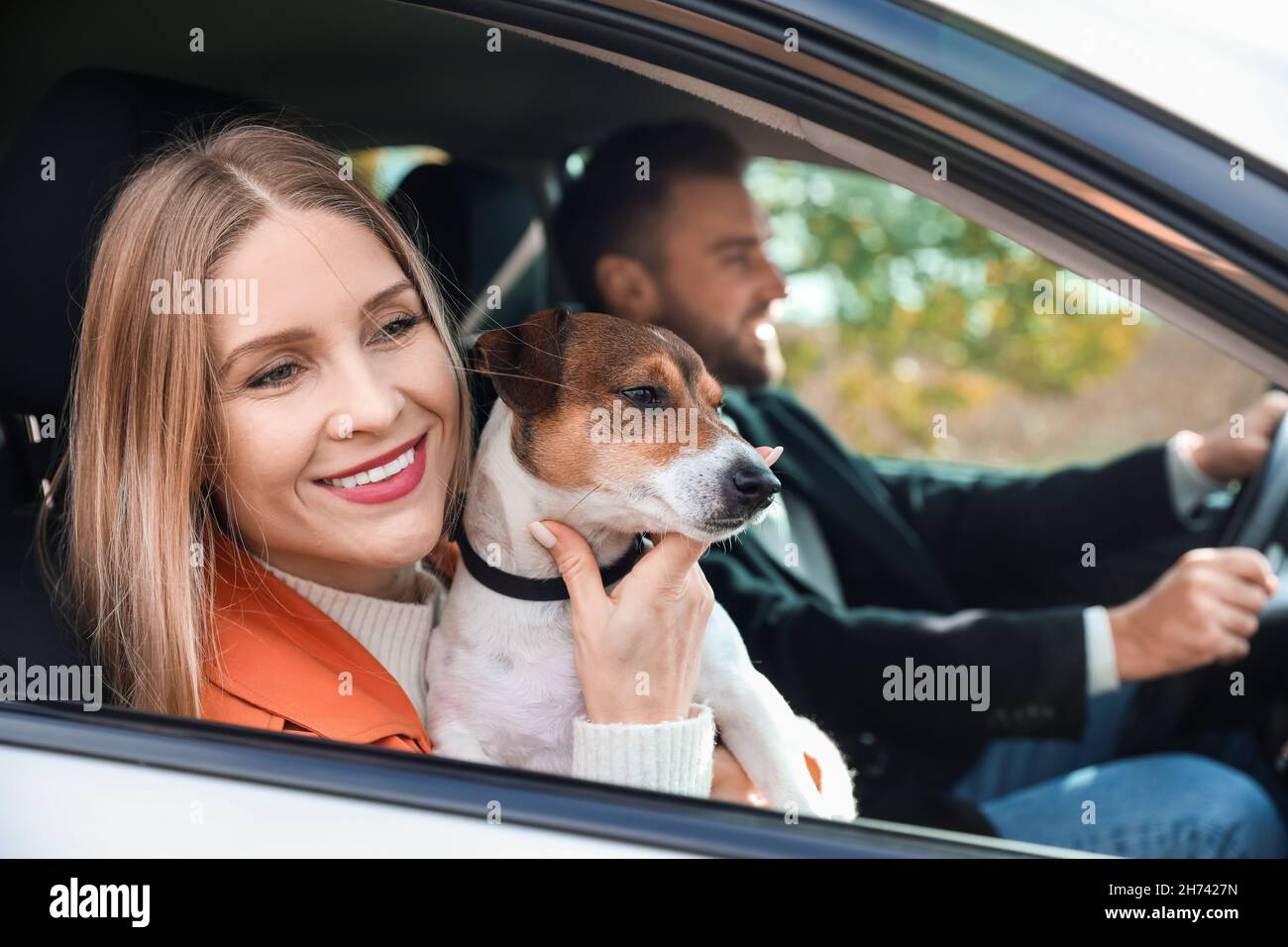 Beautiful woman with cute Jack Russel terrier and her husband ...