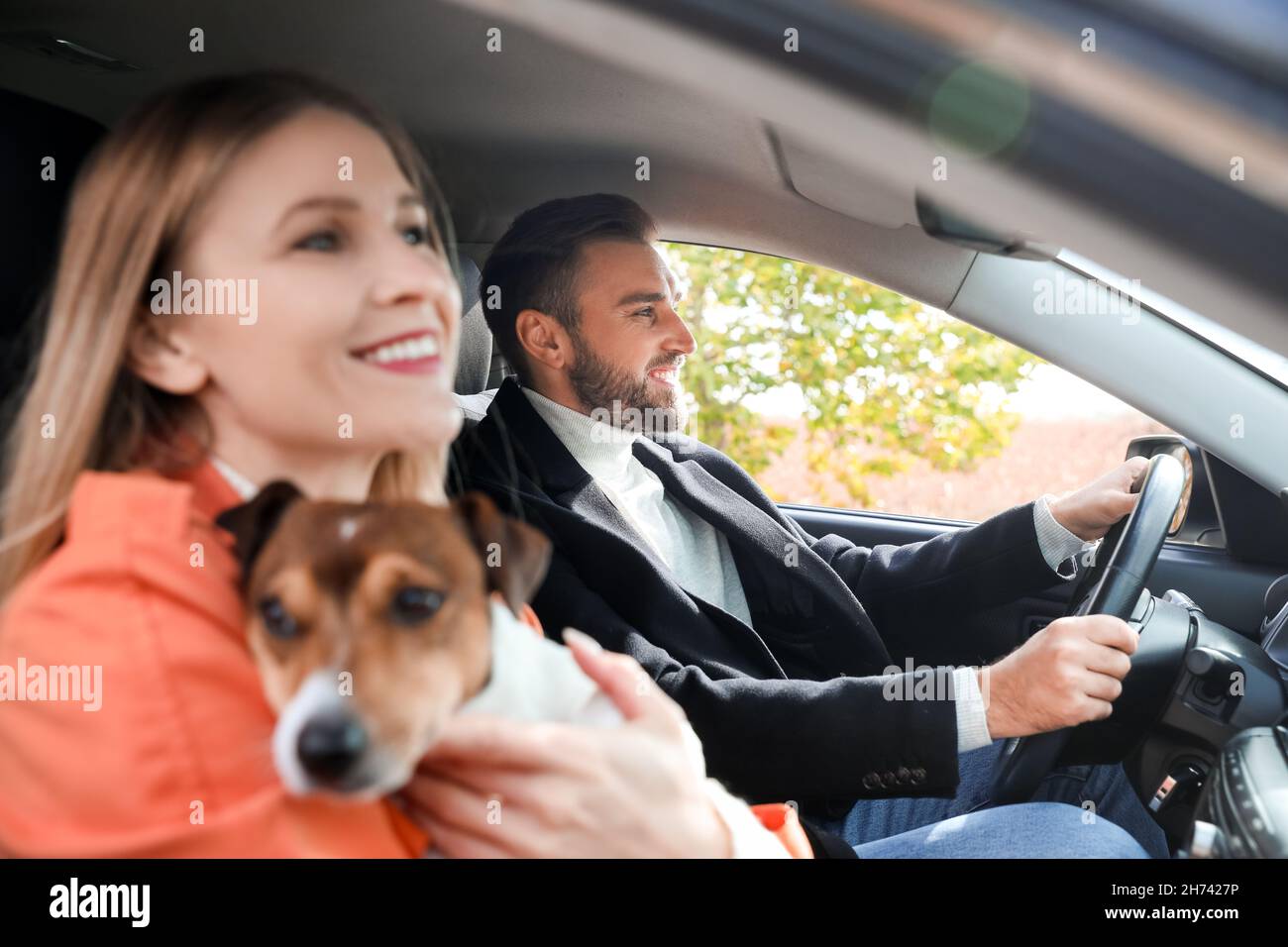 Happy young man with his wife and cute dog driving car Stock Photo - Alamy