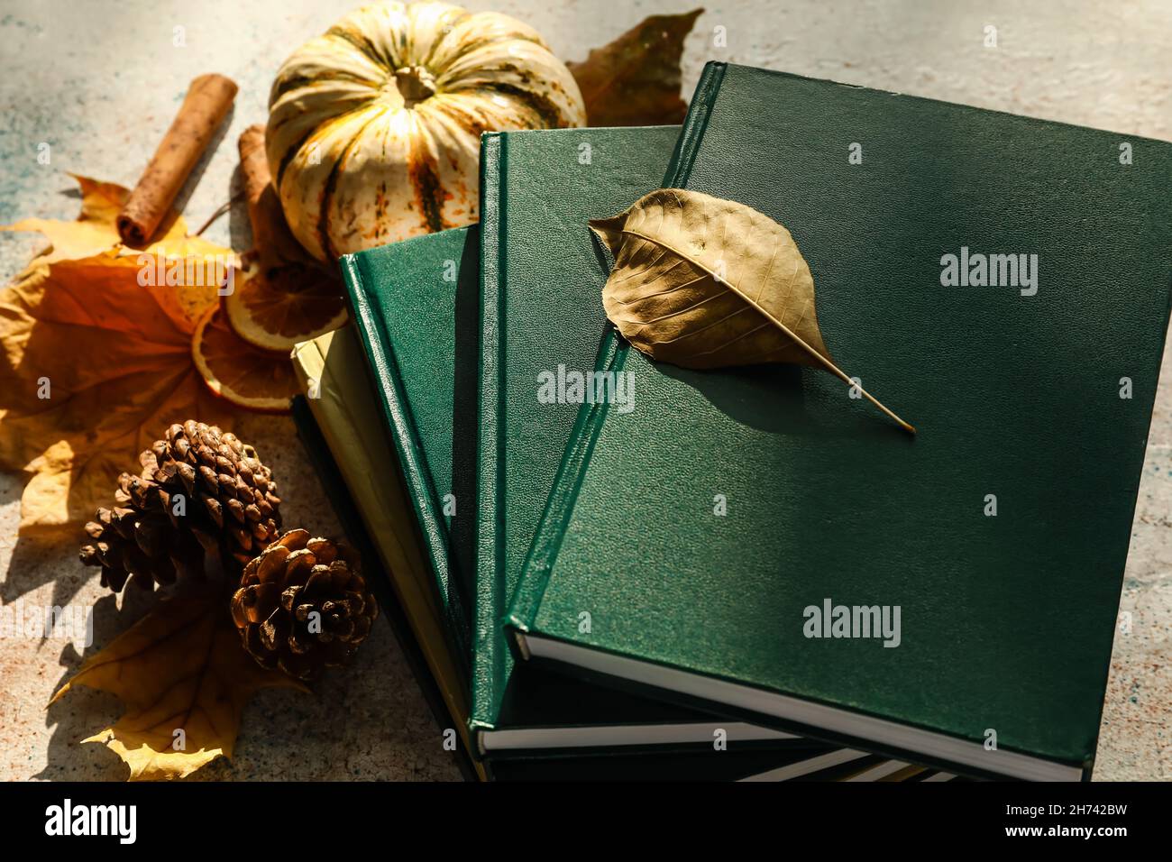 Stack of books and autumn decor on grunge background Stock Photo - Alamy