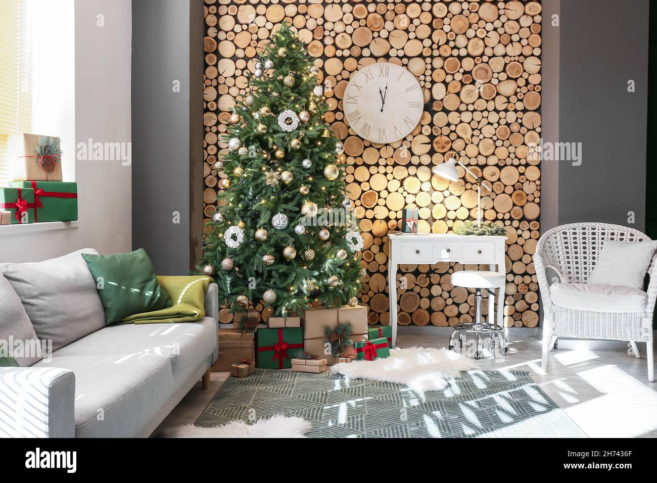 Interior of living room with beautiful Christmas tree and modern ...