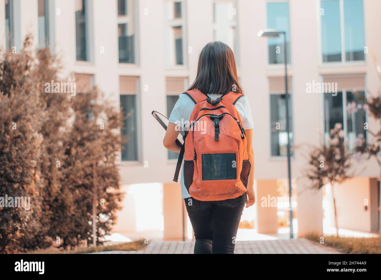 College campus student walking through college premises with backpack ...