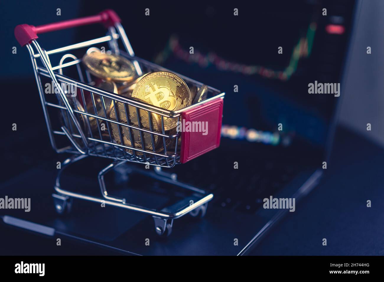 side view closeup cryptocurrency concept of market shopping cart full ...