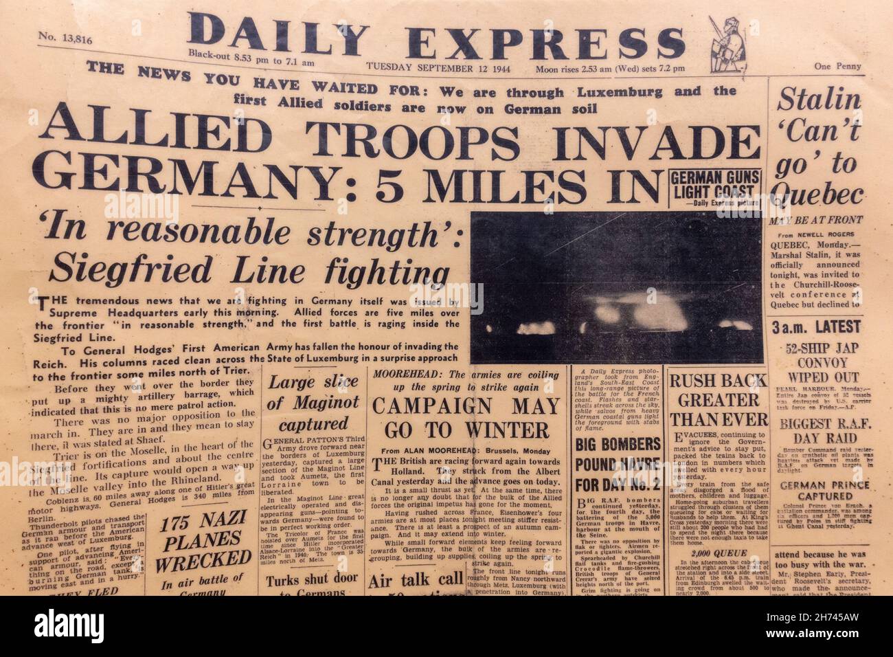 "Allied Troops Invade Germany: 5 Miles In" headline on front page of ...