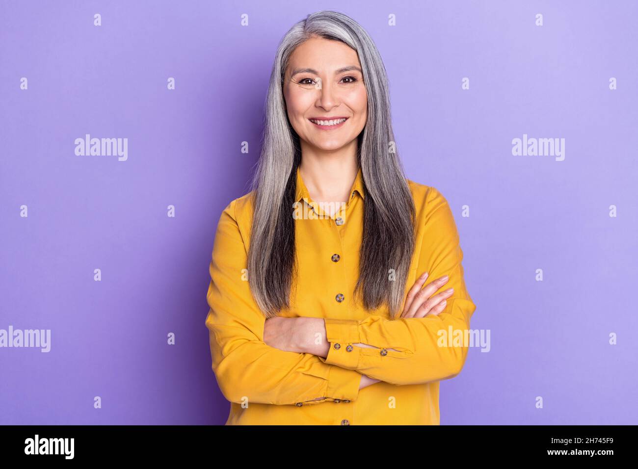 Portrait of attractive cheerful content woman expert specialist folded ...