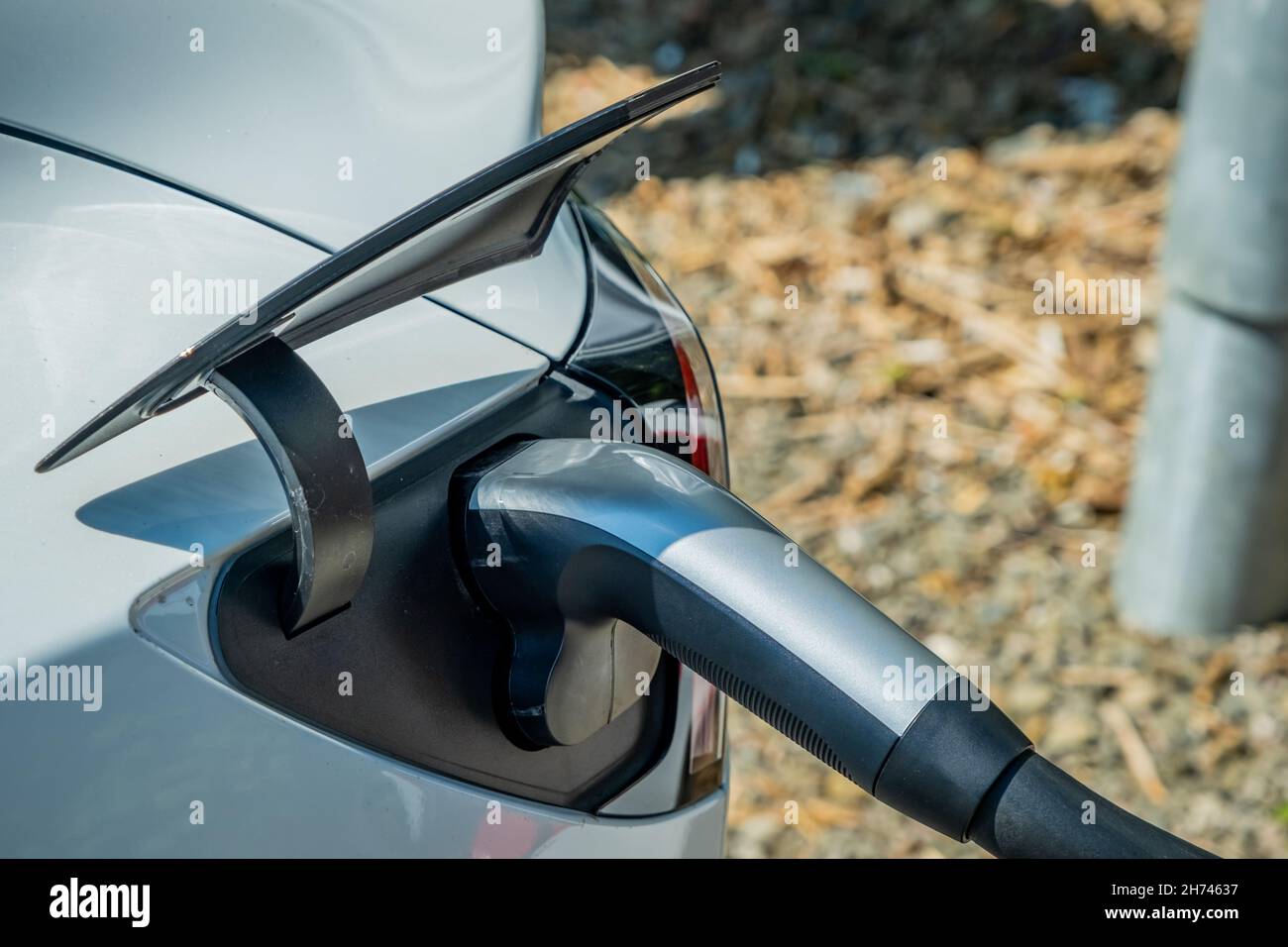 Silver electric vehicle charging plug, plugged into an electric car ...