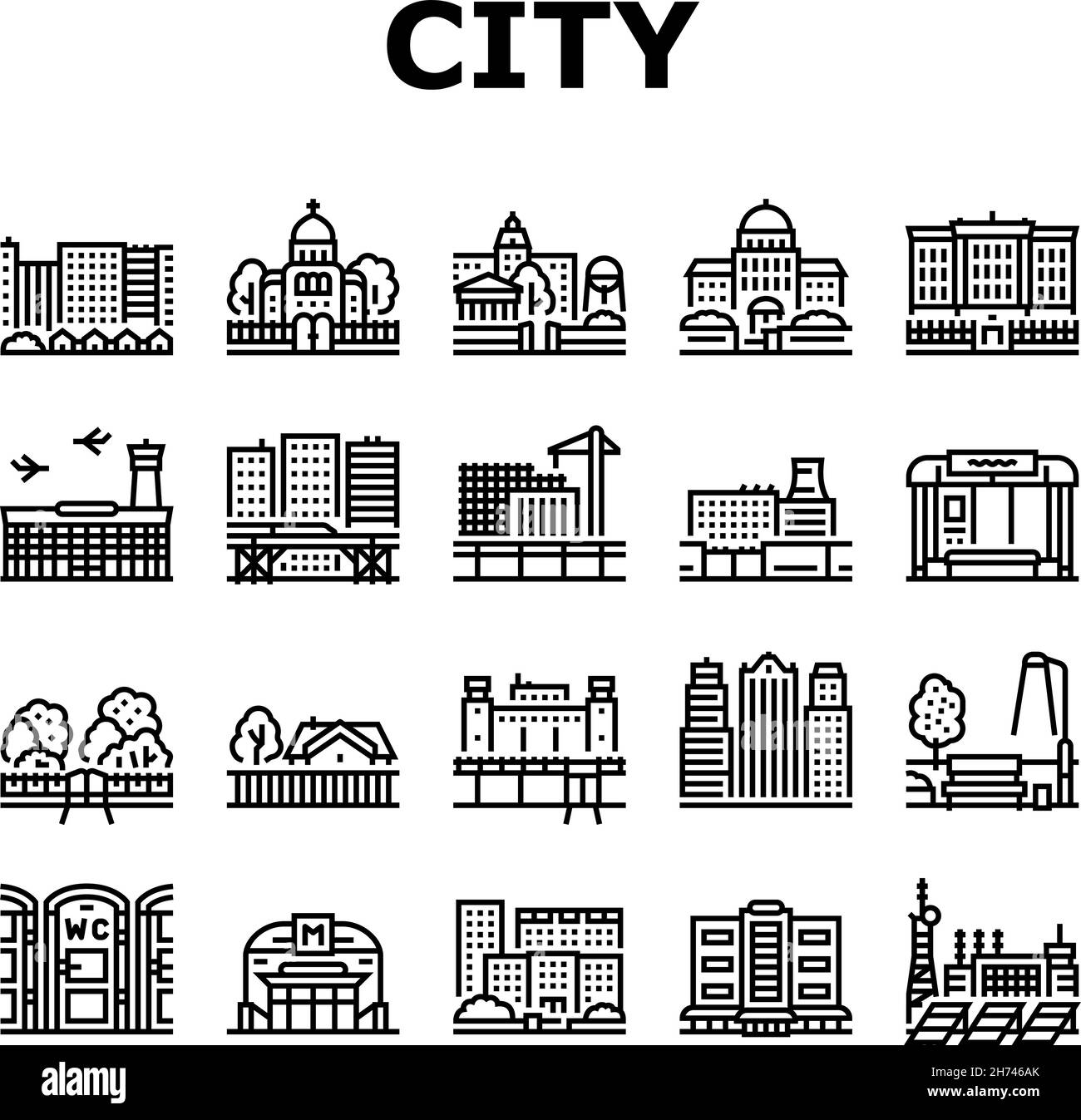 City Construction And Landscape Icons Set Vector Stock Vector Image ...