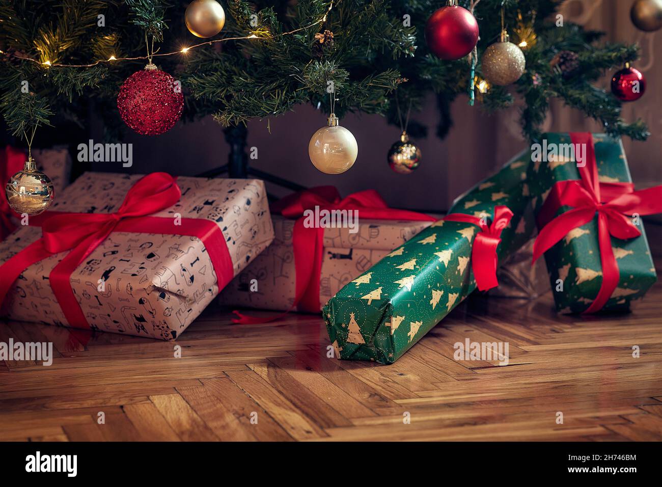 christmas tree and heap of gift boxes.Background Stock Photo - Alamy