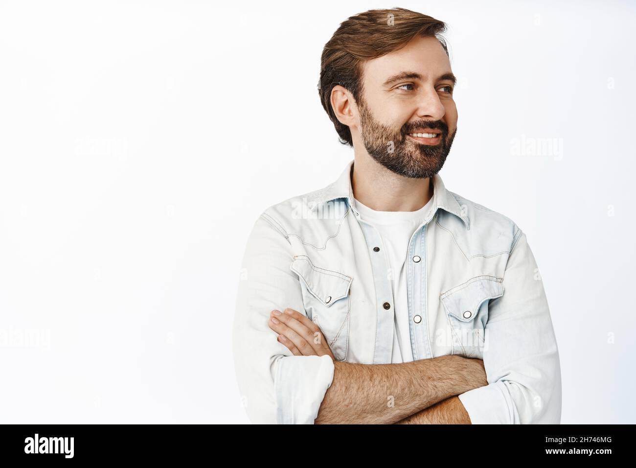 Close up portrait of handsome caucasian man looking sideways and ...