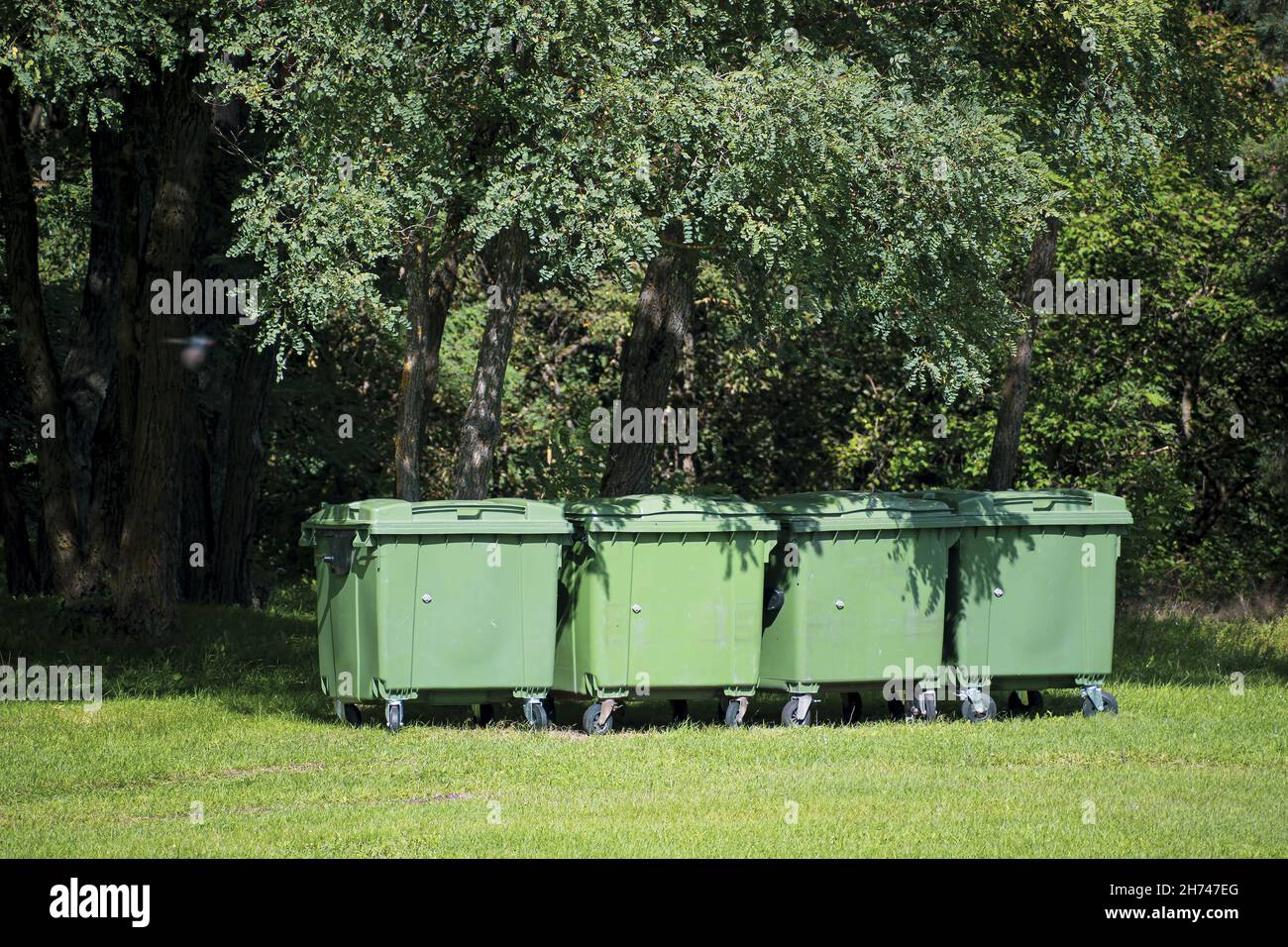 Four trash cans in the park under trees Stock Photo - Alamy
