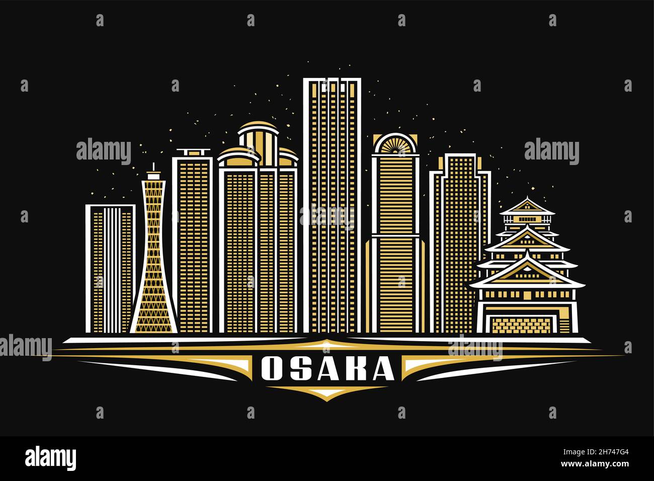 Vector illustration of Osaka, dark horizontal poster with linear design ...