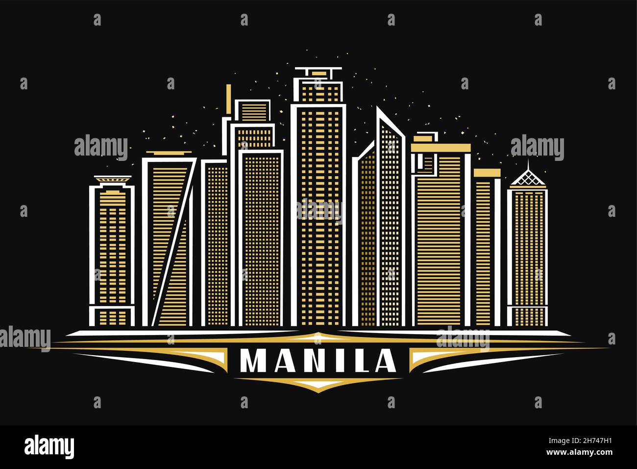 Vector illustration of Manila, dark horizontal poster with linear ...