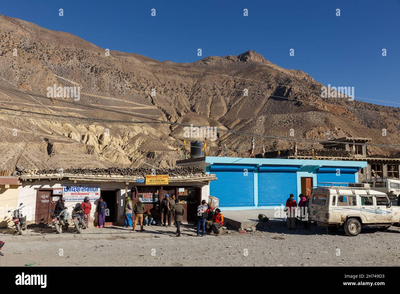 Jomsom, Nepal - November 19, 2016: Jomsom jeep station. People sitting ...