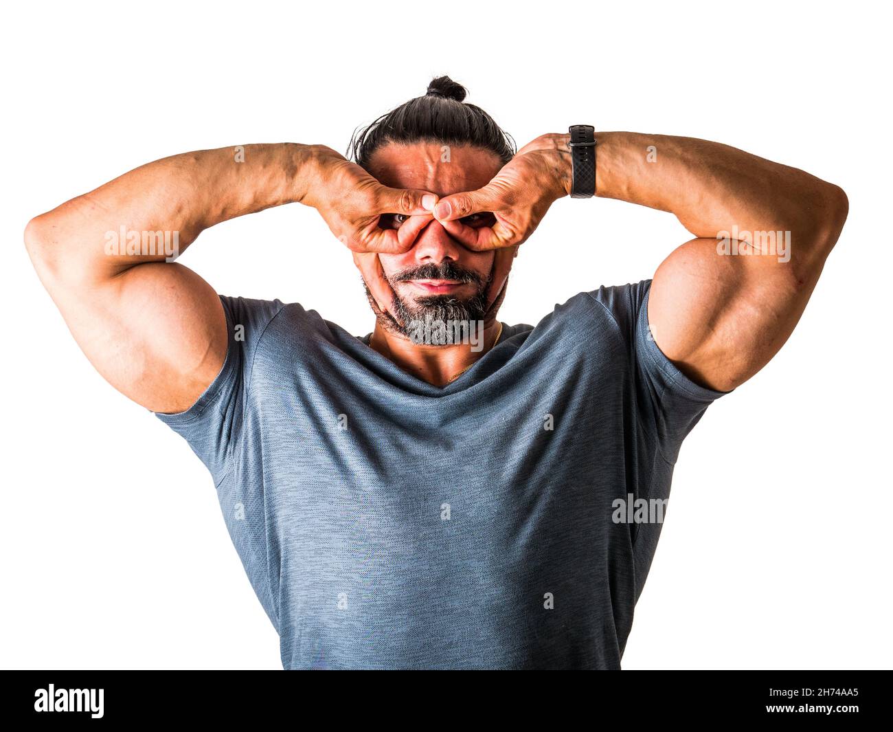 Muscular adult man gesturing mask, isolated on white Stock Photo - Alamy