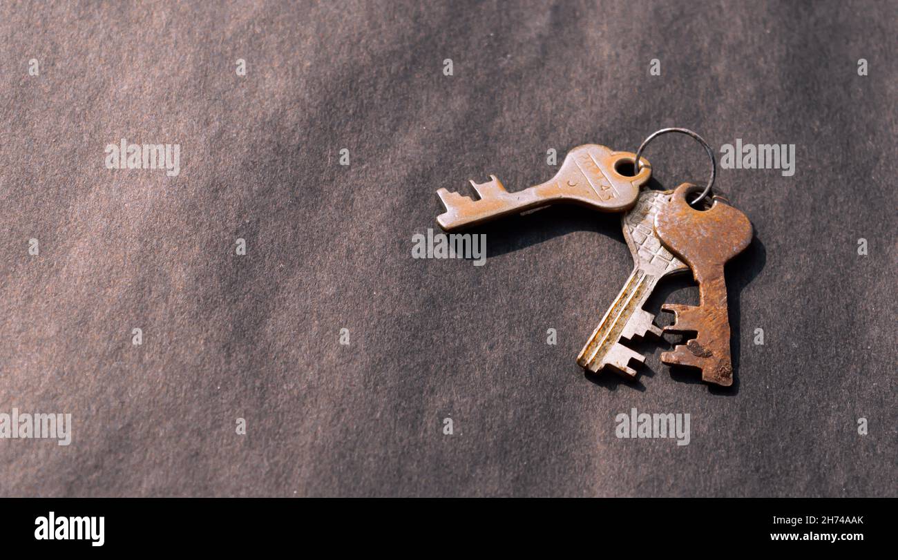 Bunch of old House Key isolated on a rustic Floor. High Angle View ...