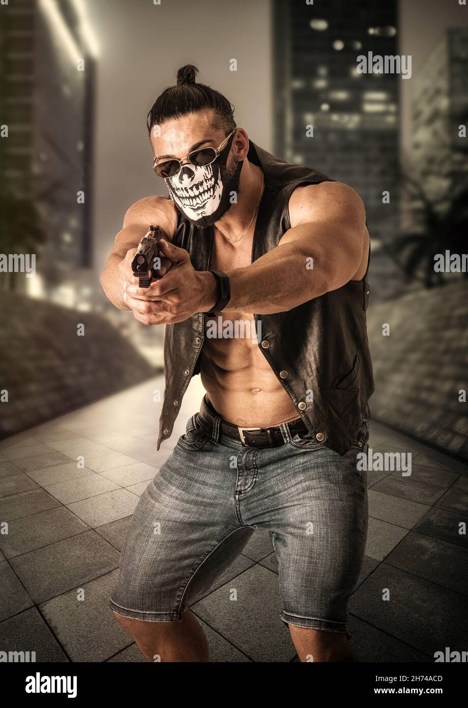 Masked gangster holding and pointing pistol on street Stock Photo - Alamy