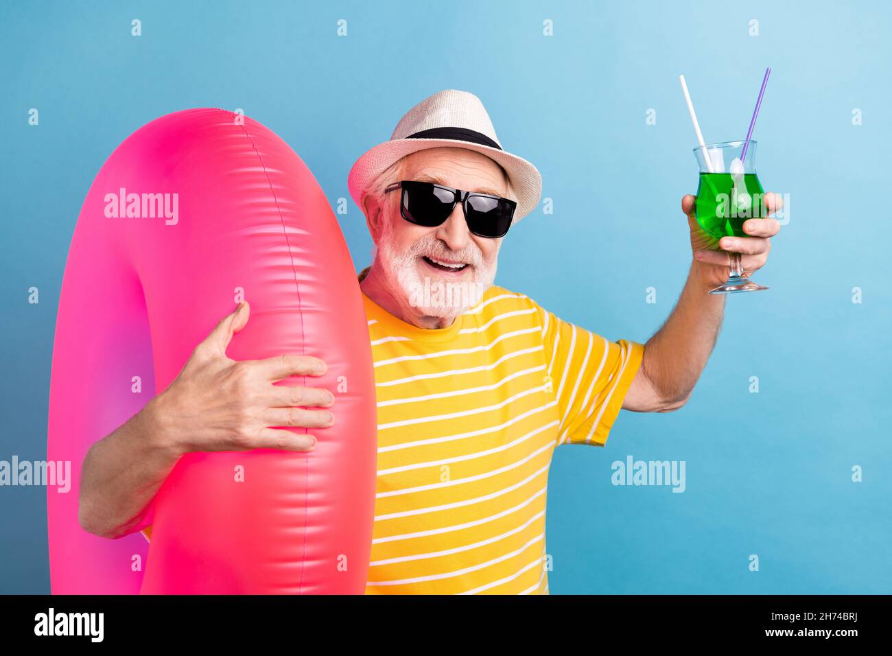 Portrait of handsome retired elderly pensioner cheerful man holding ...