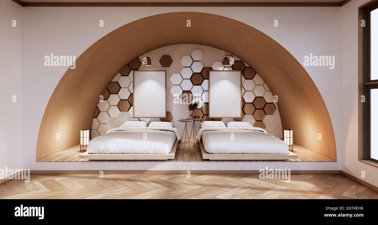 Bedroom, hexagon tiles wall design minimalist.3D rendering Stock Photo ...