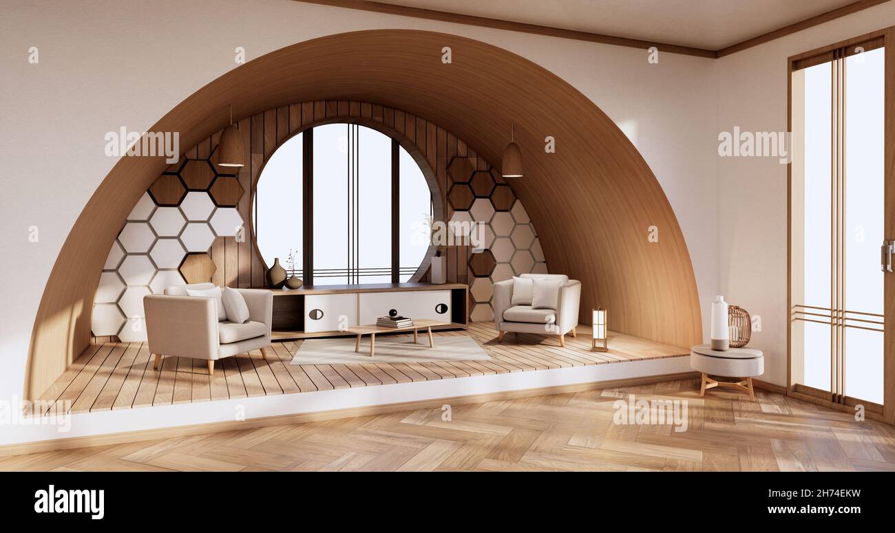 TV cabinet on modern room with wall hexagon minimal design. 3D ...